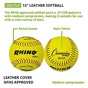 Champion Sports 12" Leather Cover Softballs - Poly Core - Medium Compression - NFHS Approved - Raised Seams - Optic Yellow - Pack of 12