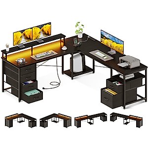 AODK 66" L Shaped Computer Desk, 113“ Reversible Home Office Desk with File Cabinet & 4 Fabric Drawers, Two Person Desk with LED Lights & Power Outlet, Corner Gaming Desk with Monitor Shelf, Black