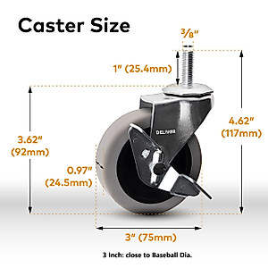 DELIVeR 3 Inch, Locking Swivel Caster Wheels, Set of 4,Heavy Duty with Nylon Nuts for Carts, Replacement Rubber Wheels, Threaded Stem 3/8”-16 x 1” Caster, 130 Lbs Per Caster