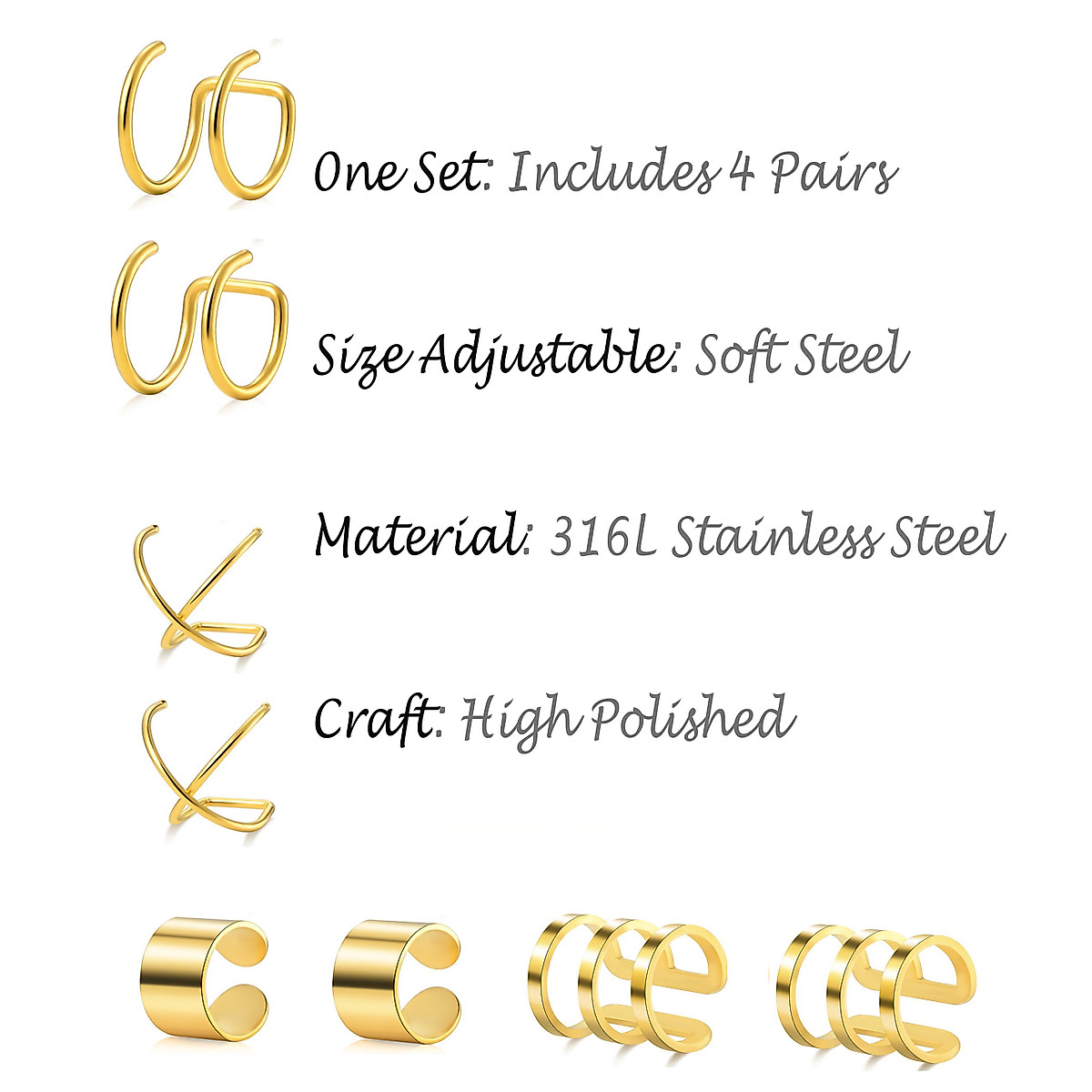 Tornito 4-10 Pairs Stainless Steel Ear Cuff Helix Cartilage Clip On Wrap Earrings Fake Nose Ring Non-Piercing Adjustable (B1: 4 Pairs, Gold Tone)