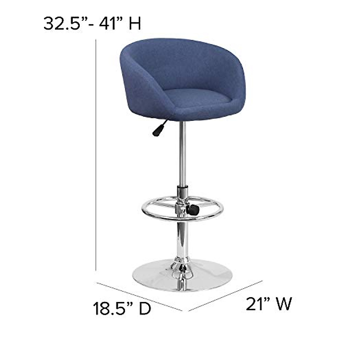 Flash Furniture Luis Contemporary Blue Fabric Adjustable Height Barstool with Barrel Back and Chrome Base