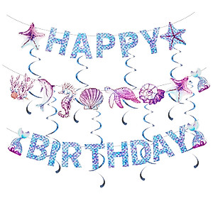 Mermaid Happy Birthday Banner, Colorful Mermaid Birthday Decorations Happy Birthday Banner Set Apply to Party Favor Supplies Decorations