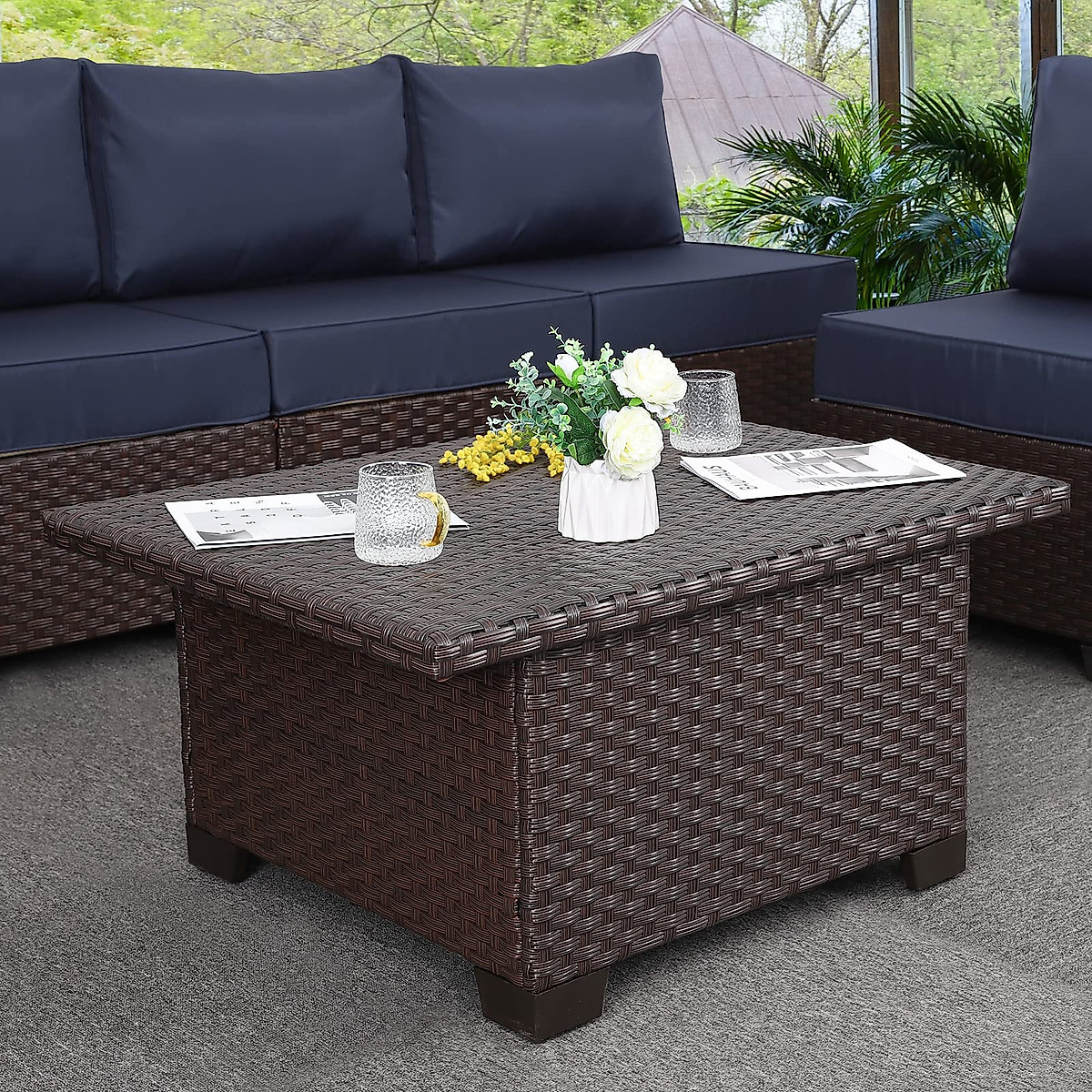 Patio Rattan Coffee Table with Hidden Storage, Wicker Liftable Dinning Table, Versatile Piece of Outdoor Furniture, Brown