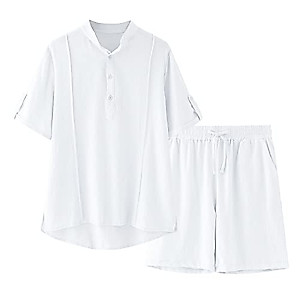 FAMOORE Mens Spring and Summer Beach Solid Color Short Sleeved Shorts Cotton and Linen Suit Two Piece White