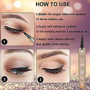 2021 Upgraded Self-adhesive Eyeliner,2 in 1 Eye Liner Pen Diamond Bling Glitter Liquid Eyeliner No Glue, Non Magnetic, Eye Liner for Eye Makeup and Wear Normal False Eyelashes (Queen Gold)