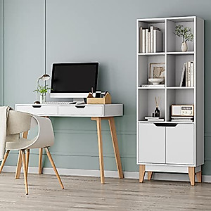 FOTOSOK Modern Bookcase with Doors, 3-Tier Tall Bookshelf Storage Cabinet with 6 Cubes and 4 Pine Legs, Freestanding Standard Display Book Shelves for Living Room Bathroom Home Office, White