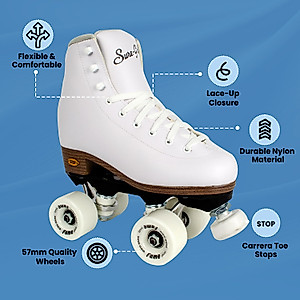 Sure-Grip White Fame Roller Skates for Women - Made of Nylon & Aluminum - 57mm Polyurethane Indoor Wheels for Skating - Super X Trucks Extended Support for Larger Sizes - Suitable for Beginners