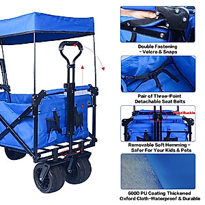 Collapsible Wagon Heavy Duty Folding Wagon Cart with Removable Canopy, 4" Wide Large All Terrain Wheels, Brake, Adjustable Handles,Cooler Bag Utility Carts for Outdoor Garden Wagons Carts Beach Cart