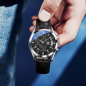 Men's Watches Black Face Silver Bezel Quartz Chronograph Watch for Men Arabic Number Luxury Mens Faux-Leather Bracelet Watches Multi-Function Easy Wear Classic Men Gifts for Him Watch Reloj De Hombre