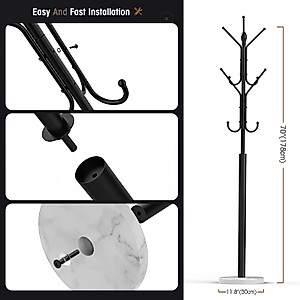 Ulimart Coat Racks Free Standing,Metal Sturdy Coat Rack with 12 Storages,Coat Tree with Natural Marble Base,For Hanging Coat Bags Hats Umbrella,For Entryway Bedroom Office