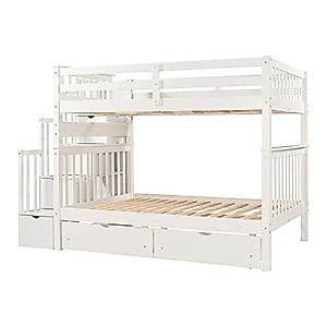 Harper & Bright Designs Full Over Full Bunk Beds with Storage Drawers and Stairway, Wood Bunk Bed Frame, Convertible Bunk Bed for Kids, Teens, Bedroom, Guest Room Furniture (White)