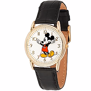 Disney Mickey Mouse Adult Classic Cardiff Articulating Hands Analog Quartz Leather Strap Watch, Gold/Black