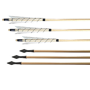 PG1ARCHERY Archery Hunting Arrows, 12 Pack Traditional Target Wooden Arrow 5" Turkey Feathers Fletching with Vintage Broadheads Tips White