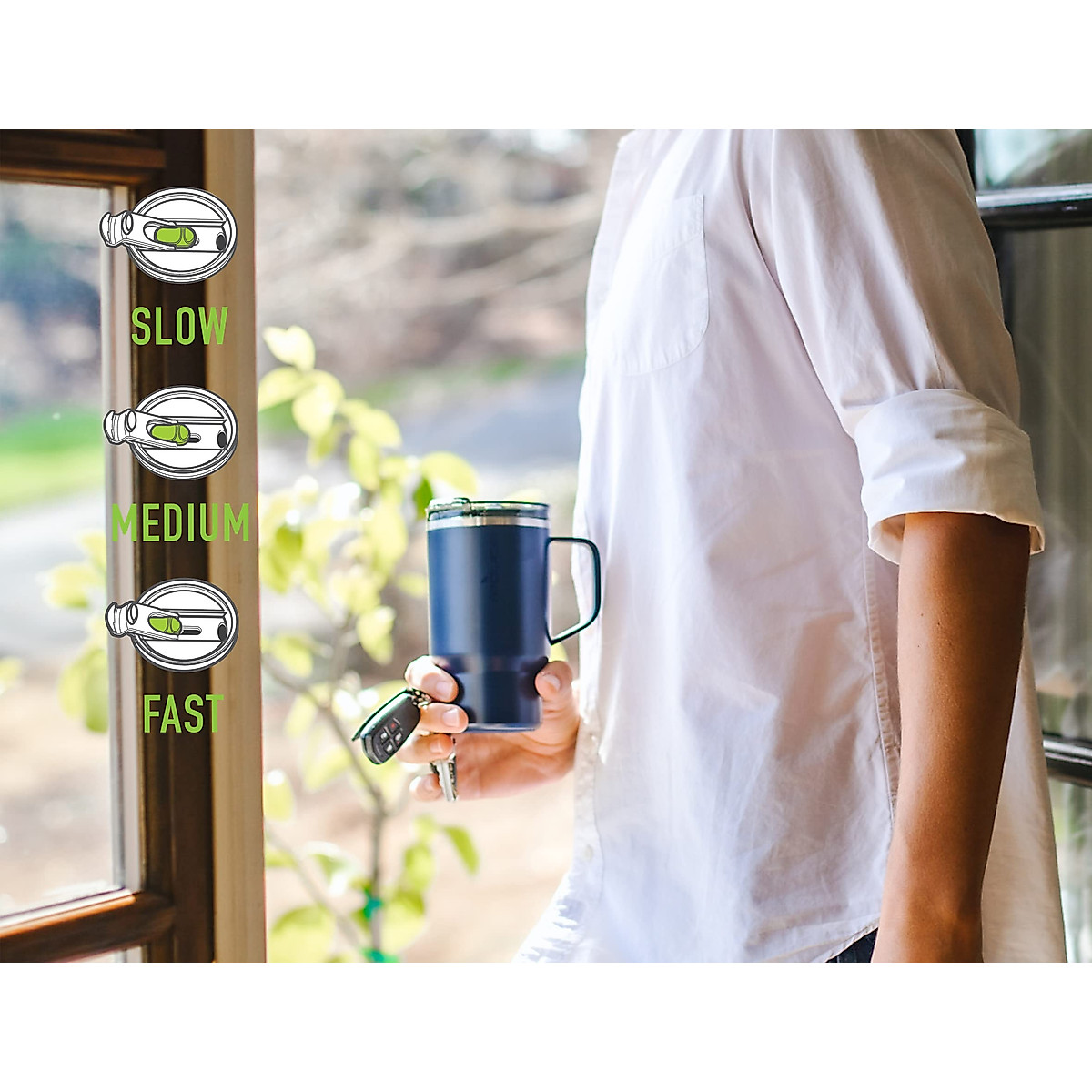 Reduce Travel Coffee Mug, 18 oz - Insulated Mug for Hot Tea, Coffee and Other Hot Drinks - With Flo-Motion Lid and Handle - Single-Serve and Cupholder Friendly - Eucalyptus