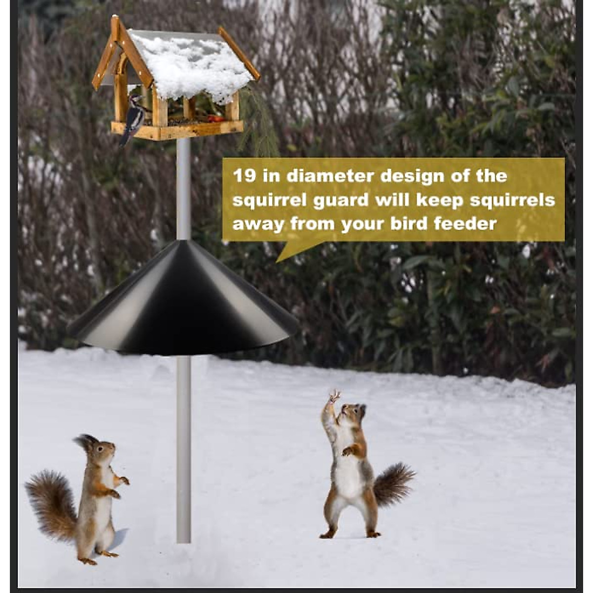 Queension Squirrel Proof Baffle, 19-inch Wide Squirrel Guard Stopper for Outdoor Bird Feeder Poles or Outside Shepherd Hooks, Save Bird Houses from Squirrels, Raccoons, and Rodents, Black, 1 Pack…