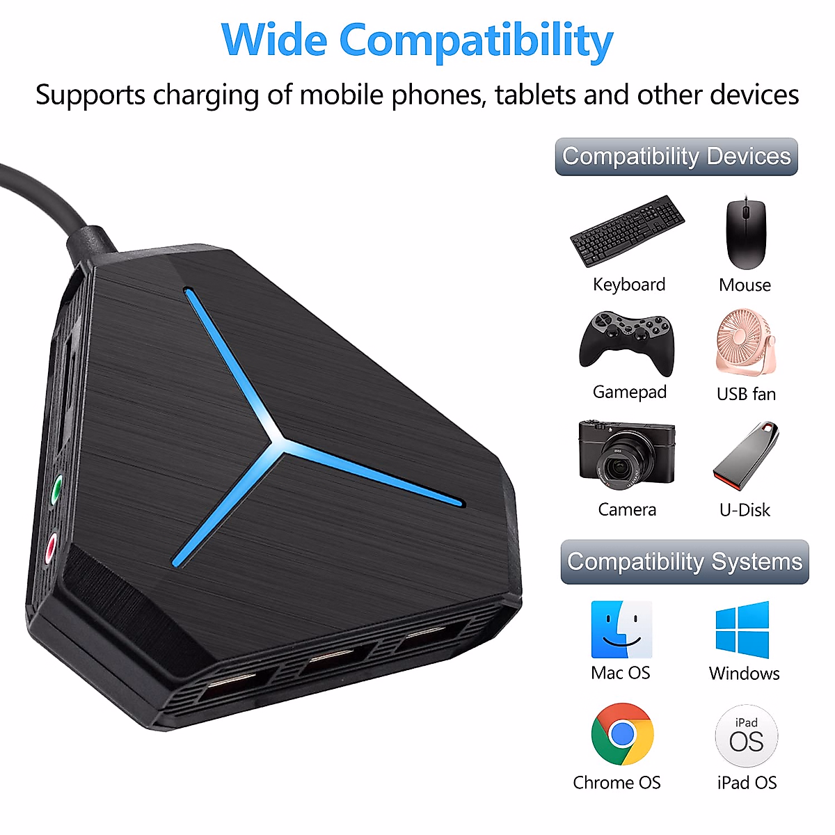 Daakro 10-Port USB Hub 3.0/2.0, USB C Hub with 3.2ft/1m Long Cord, SD/TF Card Reader, USB Splitter for Laptop, Keyboard, Mouse, Mac, PC, Ipad Pro, Surface Pro and USB C Devices