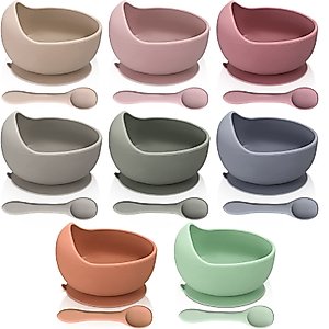 Amyhill 8 Pack Silicone Suction Bowl and Spoon Set BPA Free Baby Bowl Unbreakable Baby Feeding Utensils for Infants Toddlers Self Eating Weaning Food Supplies First Stage Feeding Set, 8 Colors