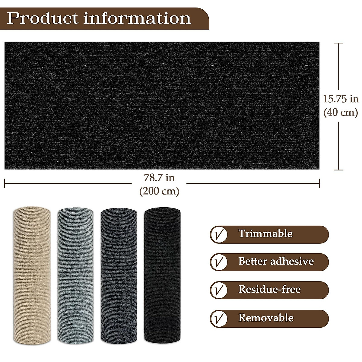 Cat Scratching Mat, 78.7"x15.7" Cat Carpet Self-Adhesive Carpet Mat Trimmable Replacement for Cat Tree, Cat Wall Scratcher, Cat Scratching Post, Shelf Shelves Couch Furniture DIY Protector, Black