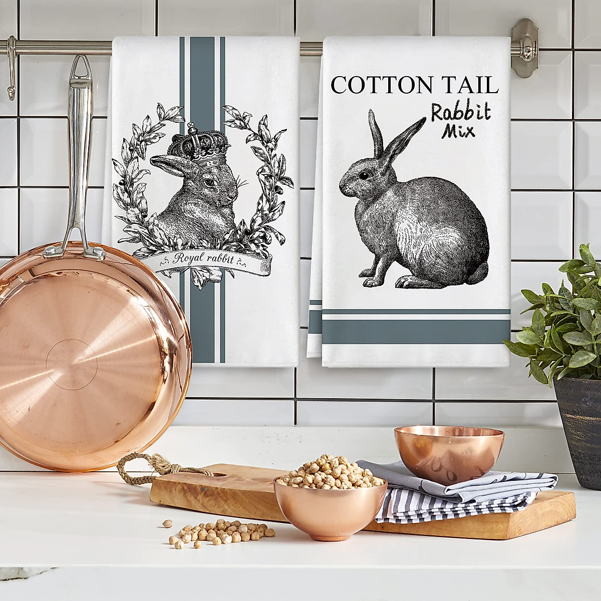AnyDesign Easter Kitchen Towel Farmhouse Easter Rabbit Bunny Dish Towel Rustic Cotton Tail Rabbit Hand Drying Tea Towel for Spring Cooking Baking Cleaning Wipes, Set of 2, 18 x 28 Inch