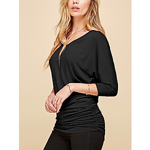Made By Johnny MBJ WT1036 Womens V Neck 3/4 Sleeve Dolman Top with Side Shirring M Black