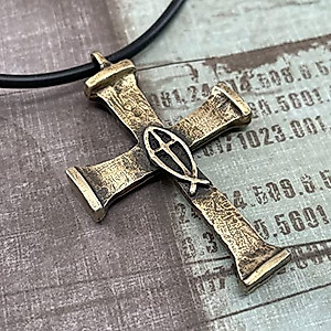 Horse Nails Antique Brass Finish Cross Mens Necklace on Black Rubber Cord