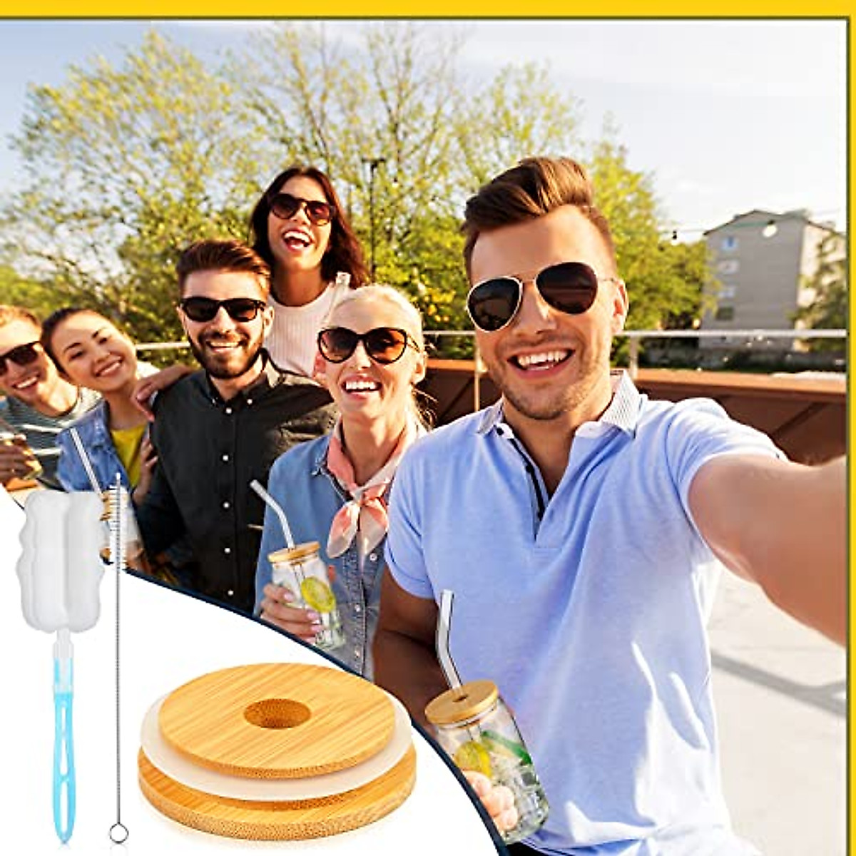 16 oz Beer Glasses Lids with Straw Hole Drinking Glass Cups Anticorrosion Beer Can Cups Lids Bamboo Lids with Brush for 16 oz Canned Beer Glasses Jar Glasses and Cans (12 Pack)