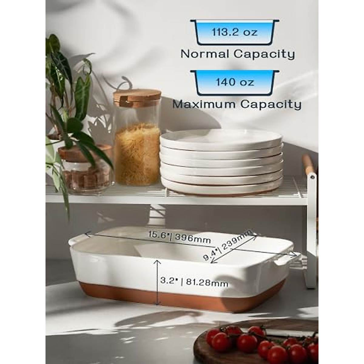 DOWAN Ceramic Baking Dish, 9x13 Deep Lasagna Pan, Large Casserole Dish with Handles, 4.3 Quarts Durable and Oven Safe Pan, for Roasting and Baking, Alabaster White