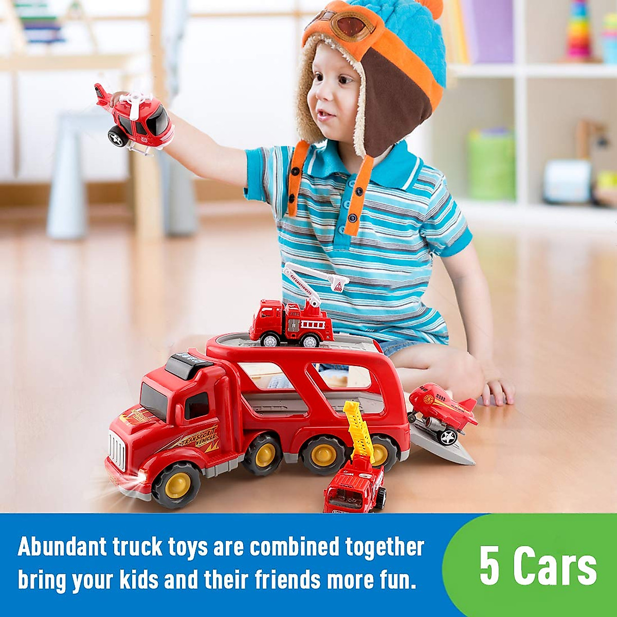 SLENPET Construction Truck Toys for 3 Years Old Boys Kids Toddlers, Vehicles Toy Set with Light and Sound, Large Transport Cargo Truck, Small Excavator, Crane, Mixer, Dumper Truck 5 in 1 Playset