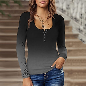 Women's Long Sleeve Tops Casual Fall Henley Shirts Button Down Blouses Gradient Basic Low Round Neck T Shirts