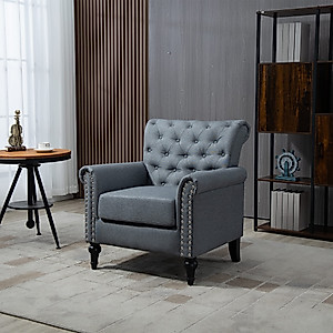Deolme Grey Accent Chair for Living Room- Mid Century Modern Compact Club Chair Bedroom Arm Chair sillas de sala Upholstered Reading Lounge Sofa Chair Side Small Armchair Button Tufted Gray