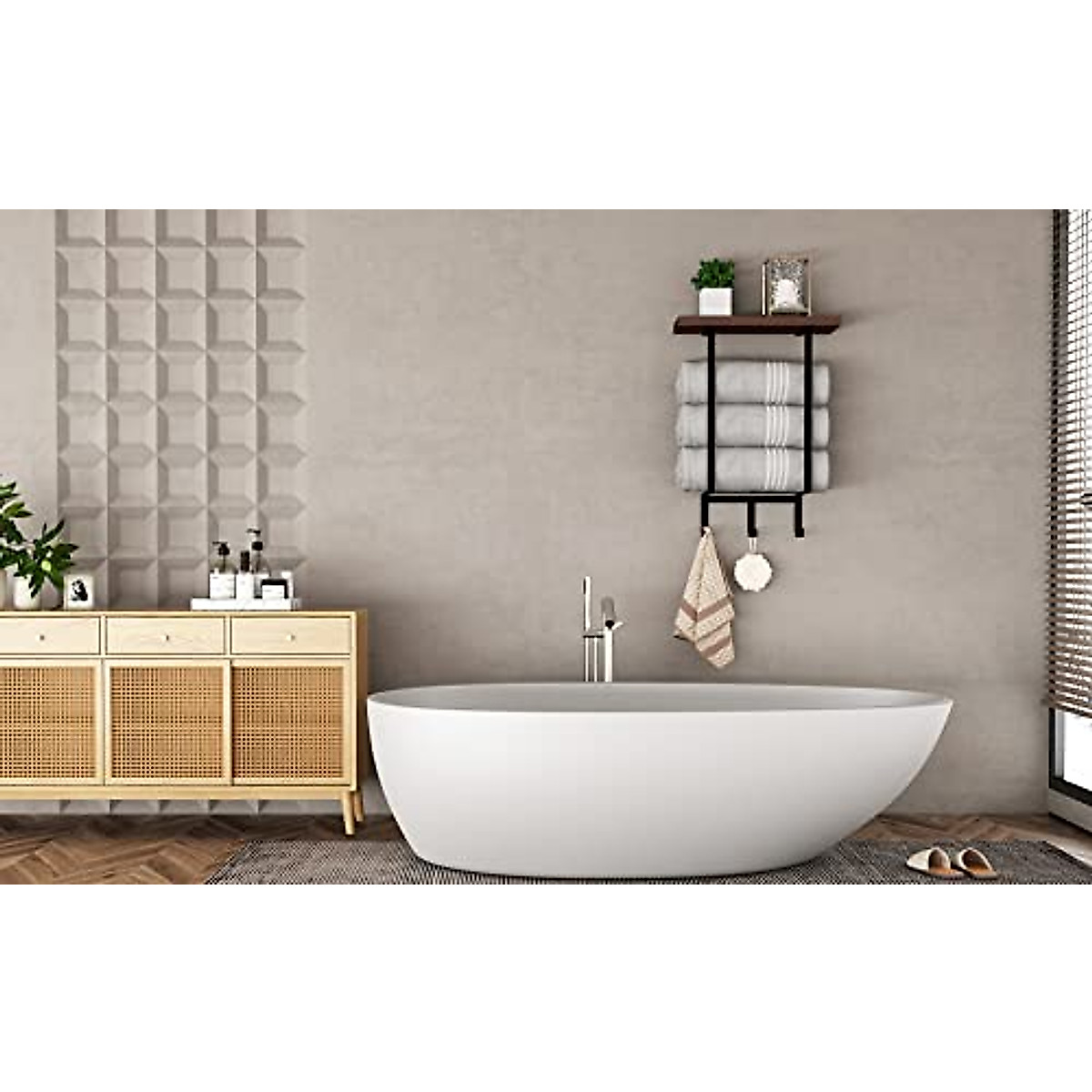 ZUJJAFY Towel Racks for Bathroom Wall Mounted Towel Rack with Wooden Shelf & 3 Hooks, Towel Holder for Small Bathroom Wall Decor, Bath Towel Storage for Rolled Towels Organizer, Matte Black