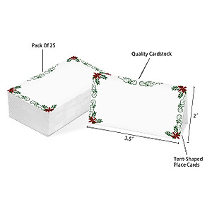 Table Place Card, Christmas Themed Tent Style Cards, Pack of 25 Half-Fold Reception Place Card, Perfect for Christmas Party, Wedding, Bridal & Baby Shower, Birthday, Banquet and Special Events A20