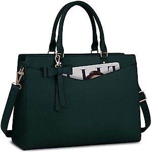 RAINSMORE Laptop Bag for Women 15.6 Inch PU Tote Bag Business Work Bag Waterproof Briefcase Computer Tote Lightweight Handbag Shoulder, Dark Green