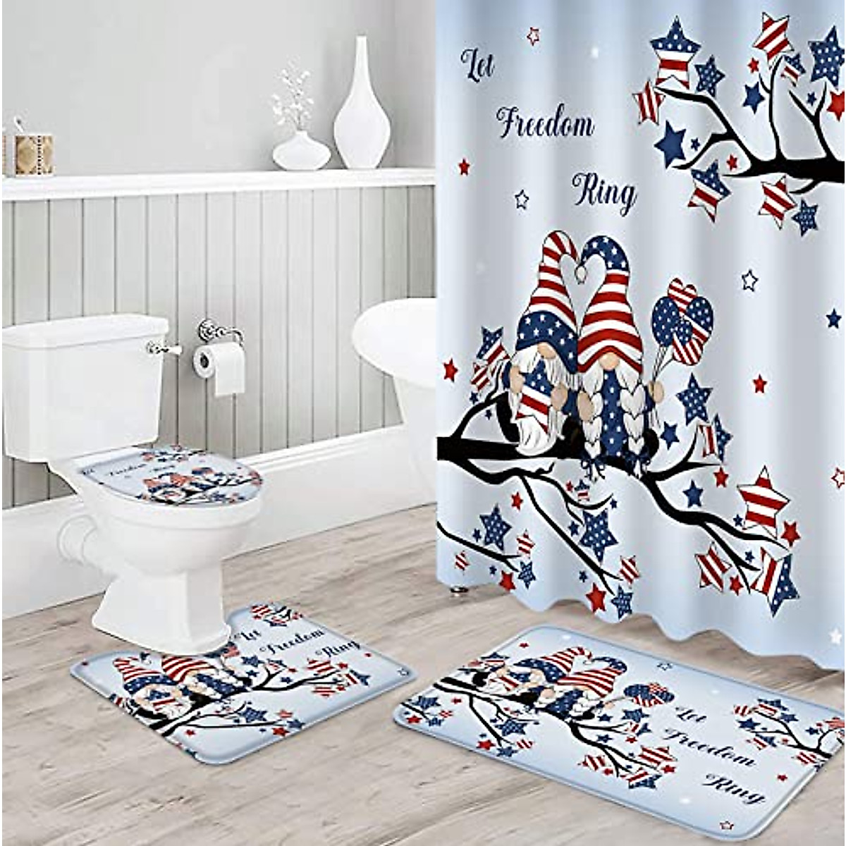 4Pcs Bath Set Home Decor, Freedom Gnomes Bathroom Waterproof Shower Curtain with Hook, 4th of July Patriotic Memorial Flag Day Large Runner Rugs, Toilet Lid Cover and U-Shaped Bath Mat, 66"x72"