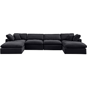 Meridian Furniture 189Black-Sec6B Comfy Collection Modern | Contemporary Upholstered Modular Sectional, Soft Black Velvet, Down Feather Cushions, 158" W x 79" D x 34.5" H, Black
