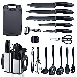 18 Pieces Black Kitchen Utensils Set Cooking Utensils Set Stainless Steel Knife Set with Block, 7 Piece Silicone Cooking Utensils Set with Scissors Vegetable Peeler Knife Sharpeners Cutting Board