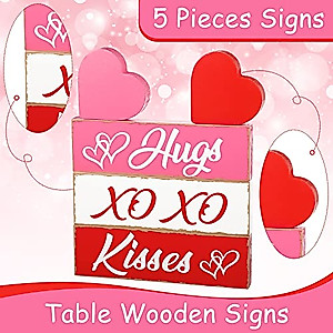 5 Pcs Valentine's Day Decorations Wooden Heart Blocks Signs Hugs Kisses Valentines Sign Decorations Gift Tiered Tray Decor Wood Heart Shape Wedding Decorations for Home Farmhouse (Heart)