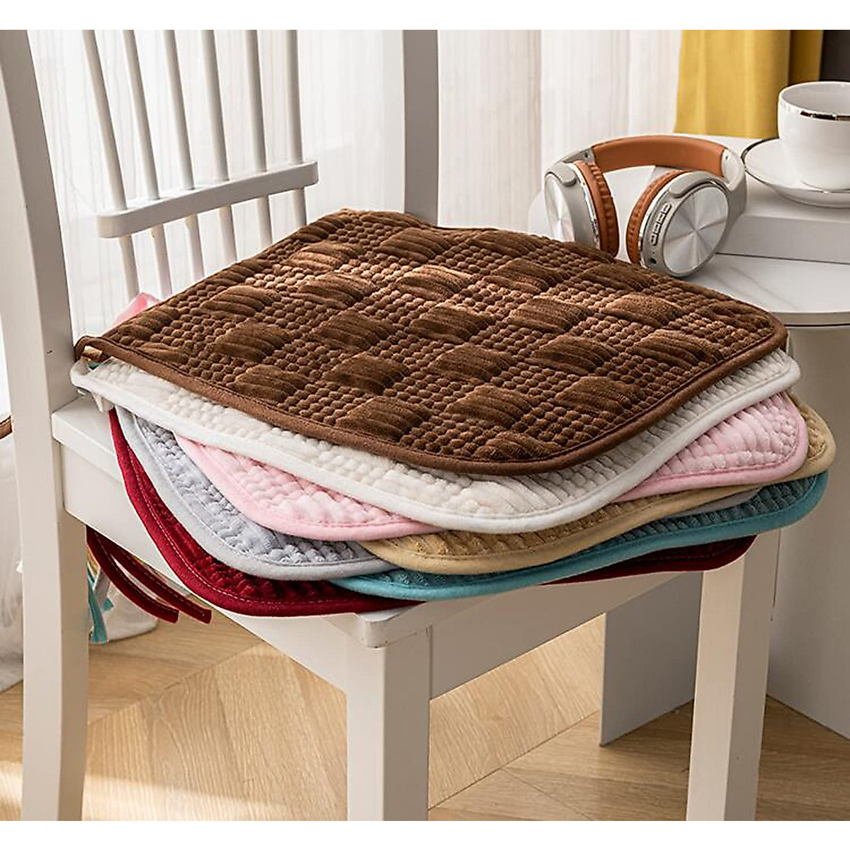 4 Pack Flannel Chair Cushion for Desk Chair Soft Plush Nonslip Seat Cushions Washable Kitchen Dining Chair Pads with Ties Office Car Sitting Chair Pads,18" x 18" (Brown)