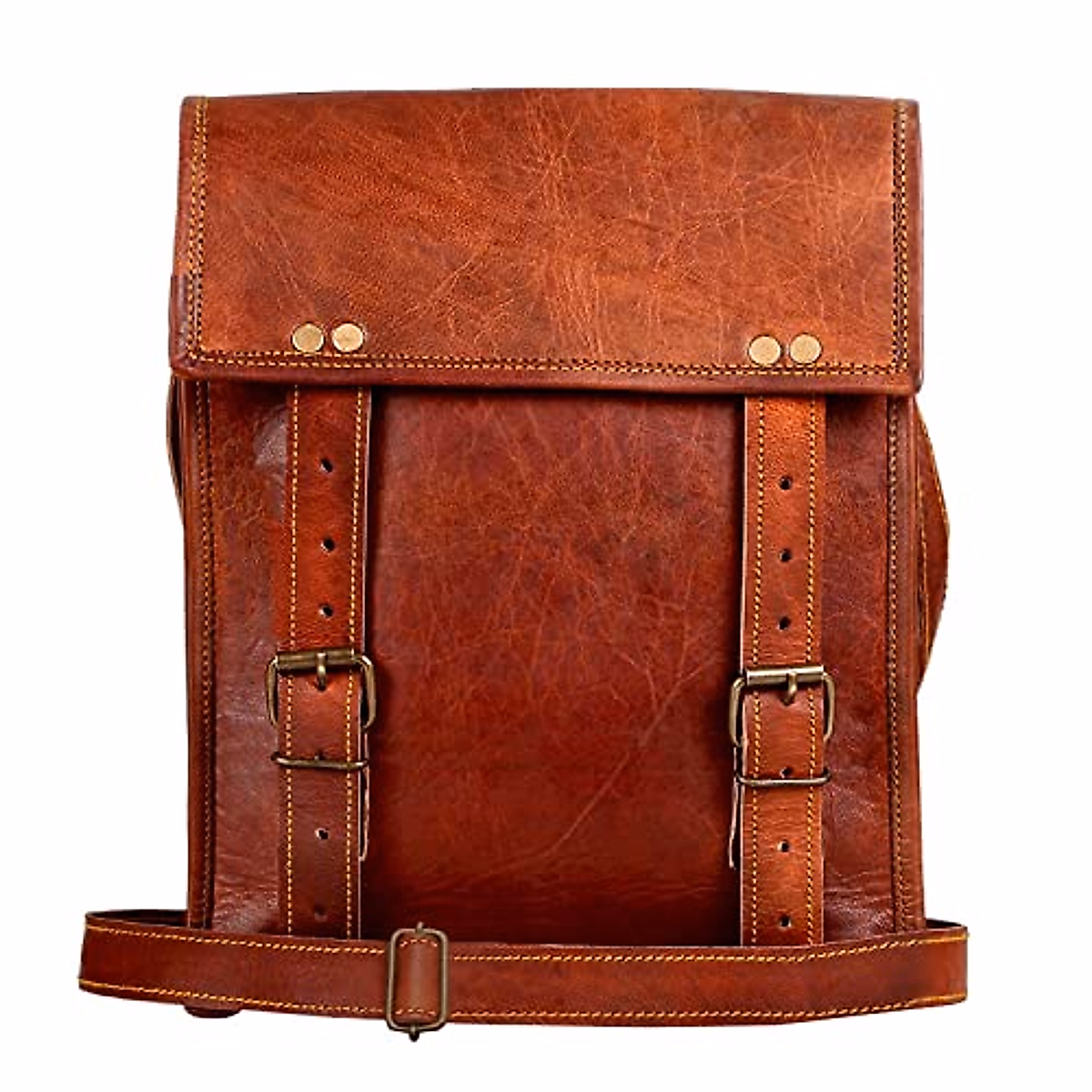RUSTIC TOWN Leather Satchel iPad Tablet Bag - Leather Saddle Bag Purse - Small iPad (Upto 10.5-inch) Shoulder Bag for Men and Women (11 inches, Brown)