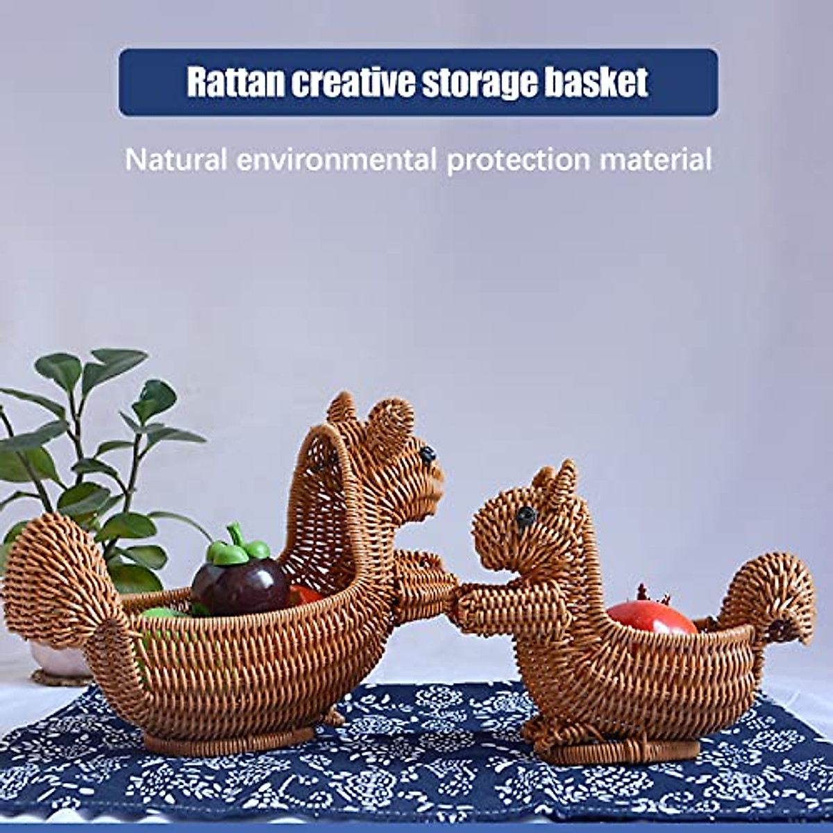 Mokylor Rattan Woven Fruit Basket, Squirrel Shape Woven Wicker Baskets, Creative Weaving Storage Container Vegetable Basket Tray for Laundry, Picnic and Decoration