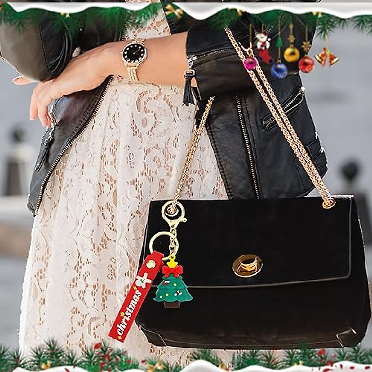 Amaxiu Christmas Keychain, Cute Christmas Tree PVC Key Chain Cartoon Xmas Theme Silicone Wristlet Keyring for Girls Women Handbag Schoolbag Pendant Party Decoration (Christmas Tree)