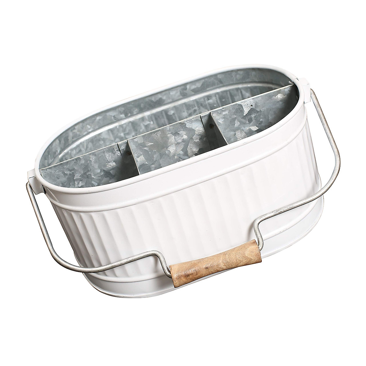 Utensil Caddy Carry-All Serveware - Galvanized Metal Organizer for Kitchen Counter - Comfortable Wooden Handle Indoor/Outdoor Storage For Flatware, Condiments, Party Cutlery, Arts - Gray/White