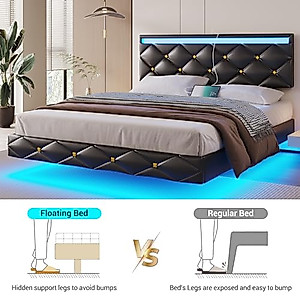 DICTAC Floating Bed Frame Full Size with Headboard and Charging Ports Modern Visual Full Floating Bed with Led Lights Black Faux Leather Upholstered Platform LED Full Bed Frame,No Box Spring Needed
