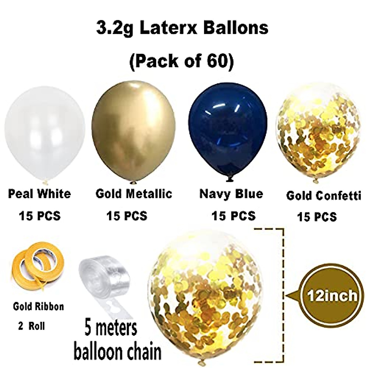 Navy Blue & Gold Confetti Balloons - 60 Pcs Party Set