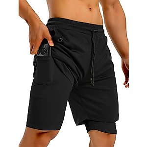 KLINNFENR Mens 2 in 1 Gym Running Shorts 7 inch Lightweight Athletic Workout Clothes for Men Quick-Dry Shorts with Zipper Pockets,Black L