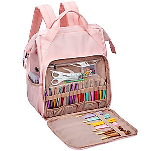 HOMEST Knitting Bag Backpack, Crochet Storage Organizer, Large Yarn Holder with Custom Front Pocket for Crochet Accessories and Supplies, Pink