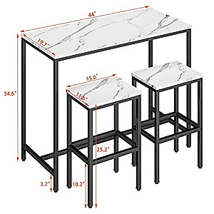 Yongchuang 3 Piece Bar Table Set, Bar Table and Chairs Set of 2, Modern Counter Height Table with 2 Stools for Kitchen, Dining Room, Living Room Breakfast Table White Faux Marble Wood Top