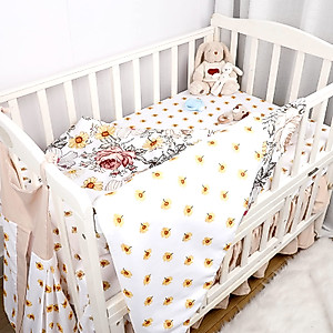HNHUAMING 4-Piece Crib Bedding Set, Baby Girl Bedding Crib Set, Flower Crib Skirt, Baby Quilt, Crib Sheet and Diaper Stacker