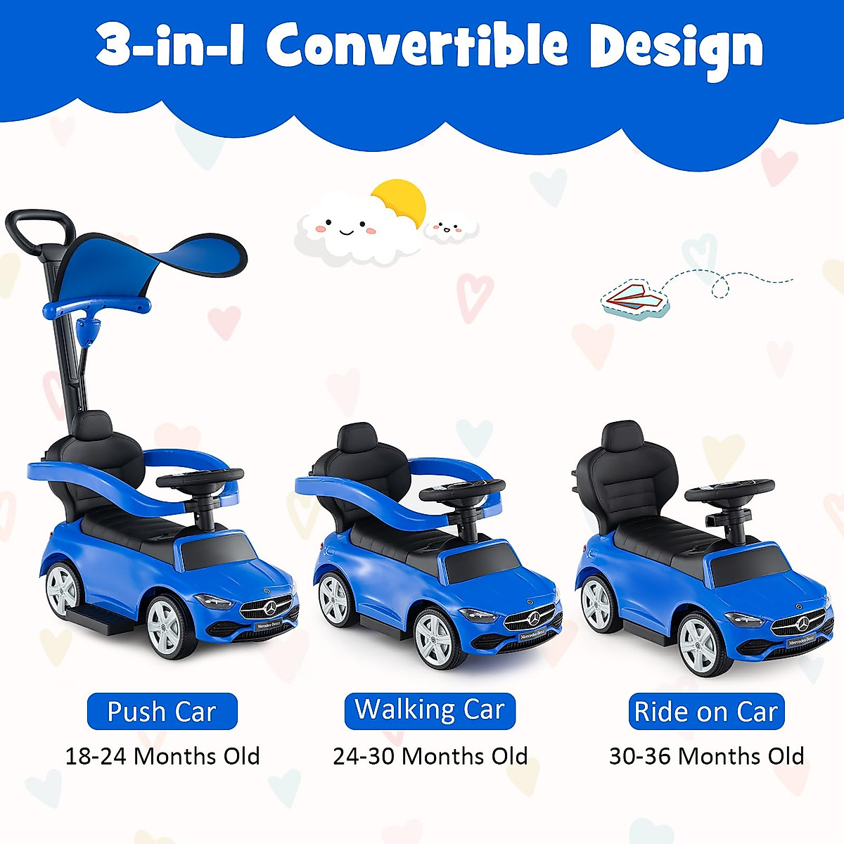 HONEY JOY Ride On Push Car, Licensed Mercedes-Benz Push Cars for Toddlers, Adjustable Canopy & Seat Storage, Horn, Toddler Push Car with Handle, Ride On Toy for Boys Girls(Blue)
