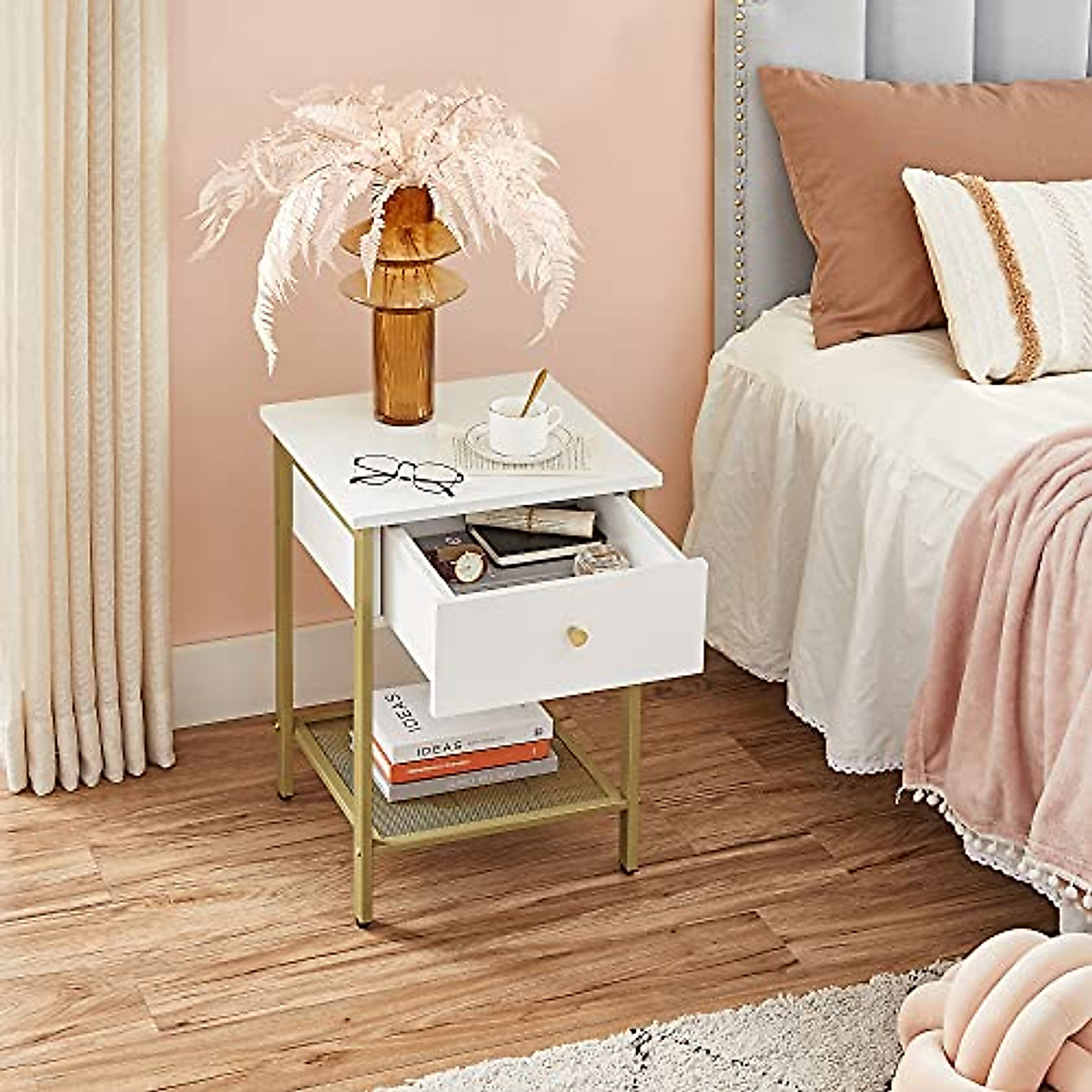 VASAGLE White Nightstand with Drawer, Bedside Table, End Table with Open Shelf, Modern Style for Bedroom, White and Gold ULET512A10